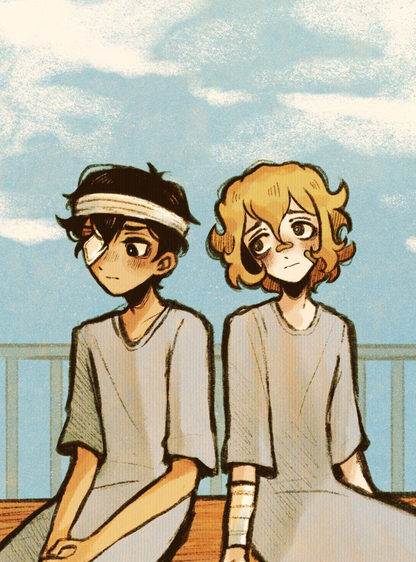 Safebooru - 2boys alternate eye color antenna hair bandaged arm ...