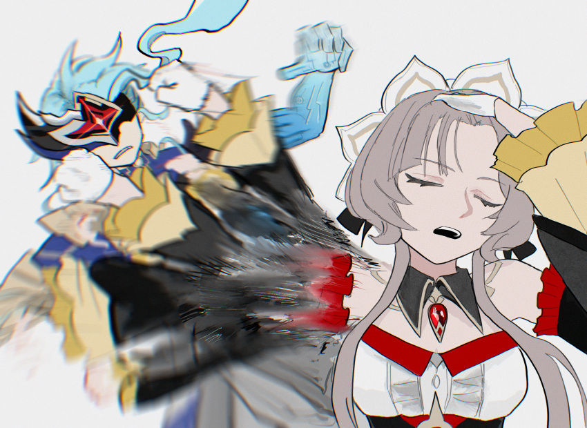 Safebooru - 1boy 1girl arms up black bow black mask black sleeves blue ...