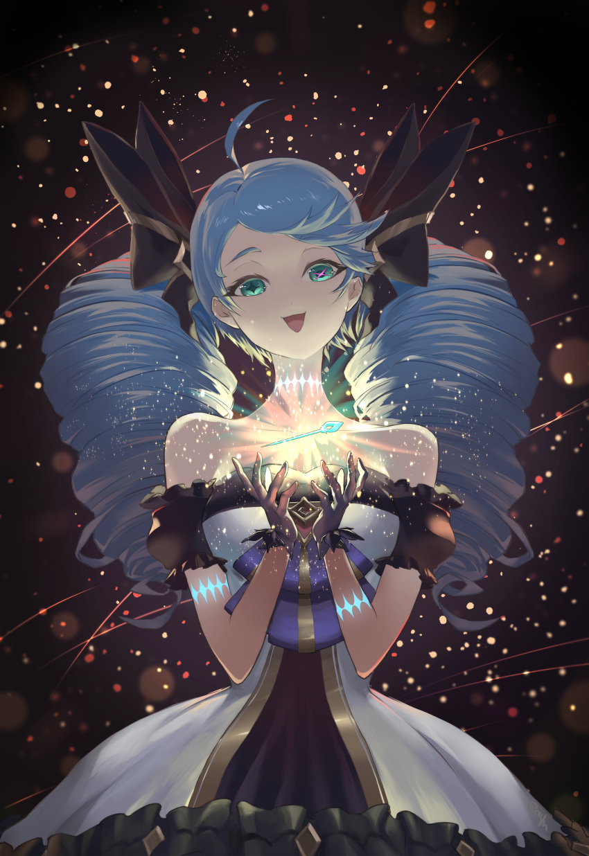 Safebooru - 1girl :d absurdres ahoge bare shoulders black bow black ...