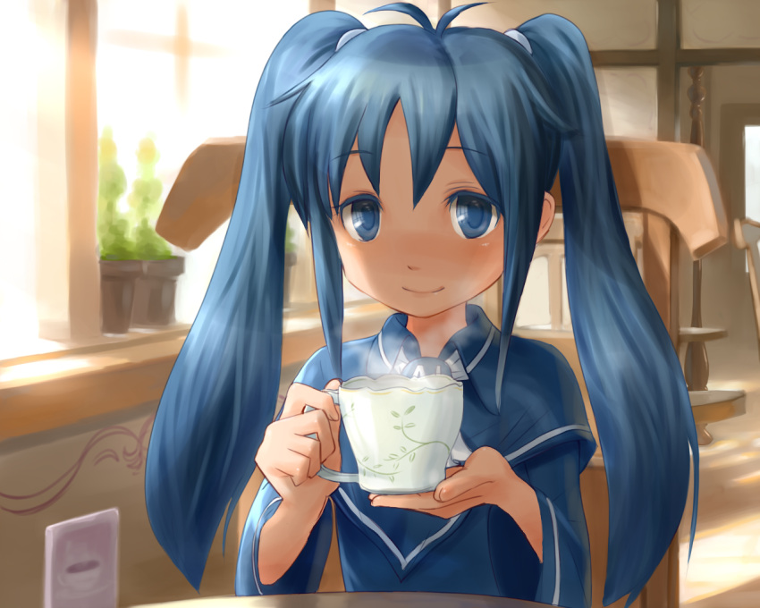 Safebooru - ahoge blue eyes blue hair colored eyelashes cup face hands ...