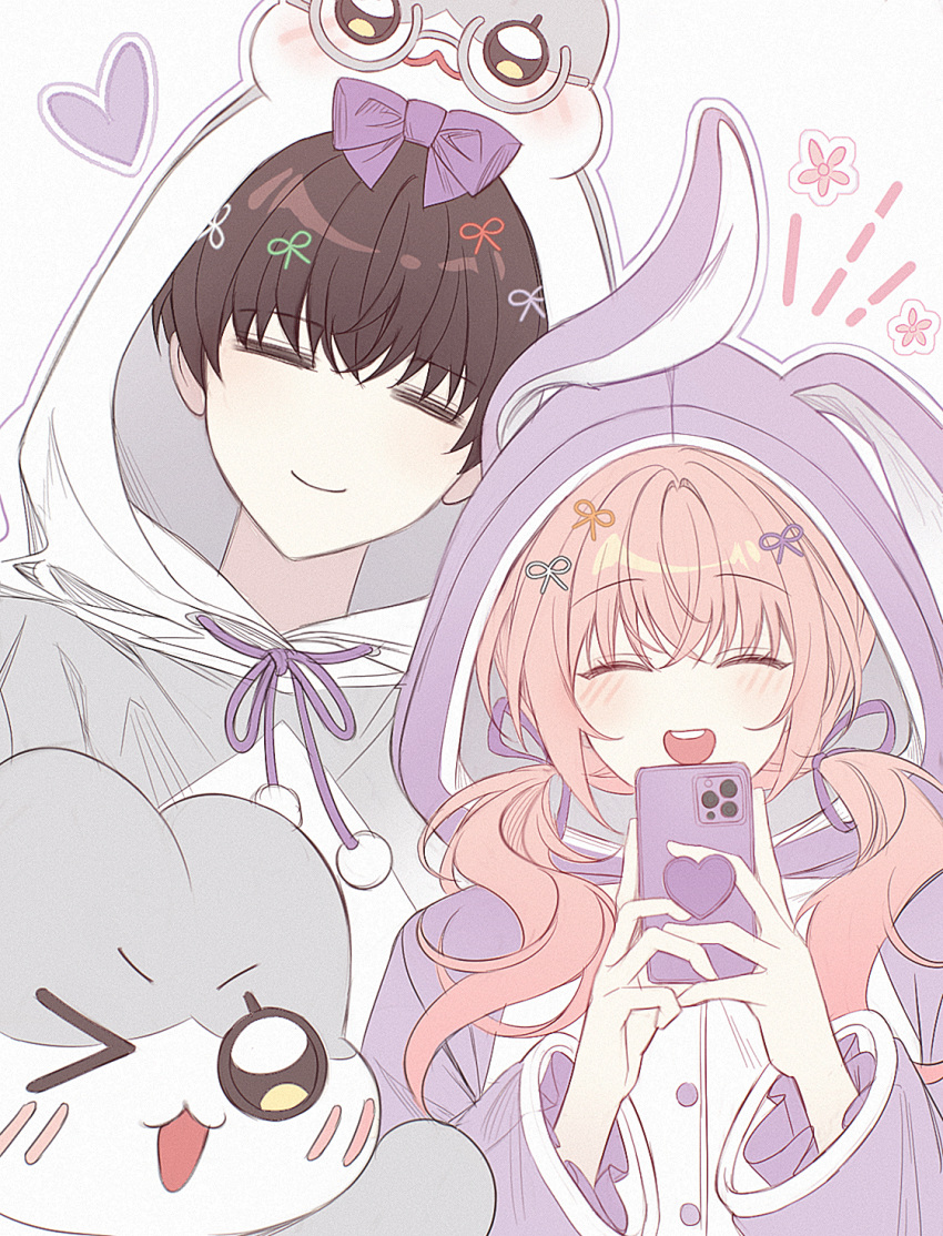 Safebooru - 1boy 1girl = = animal hood bow cellphone closed eyes closed ...