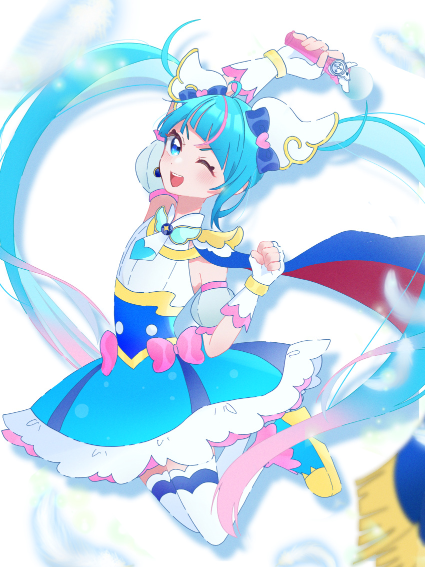 Safebooru - 1girl ;d absurdres ankle boots arm up blue boots blue cape ...