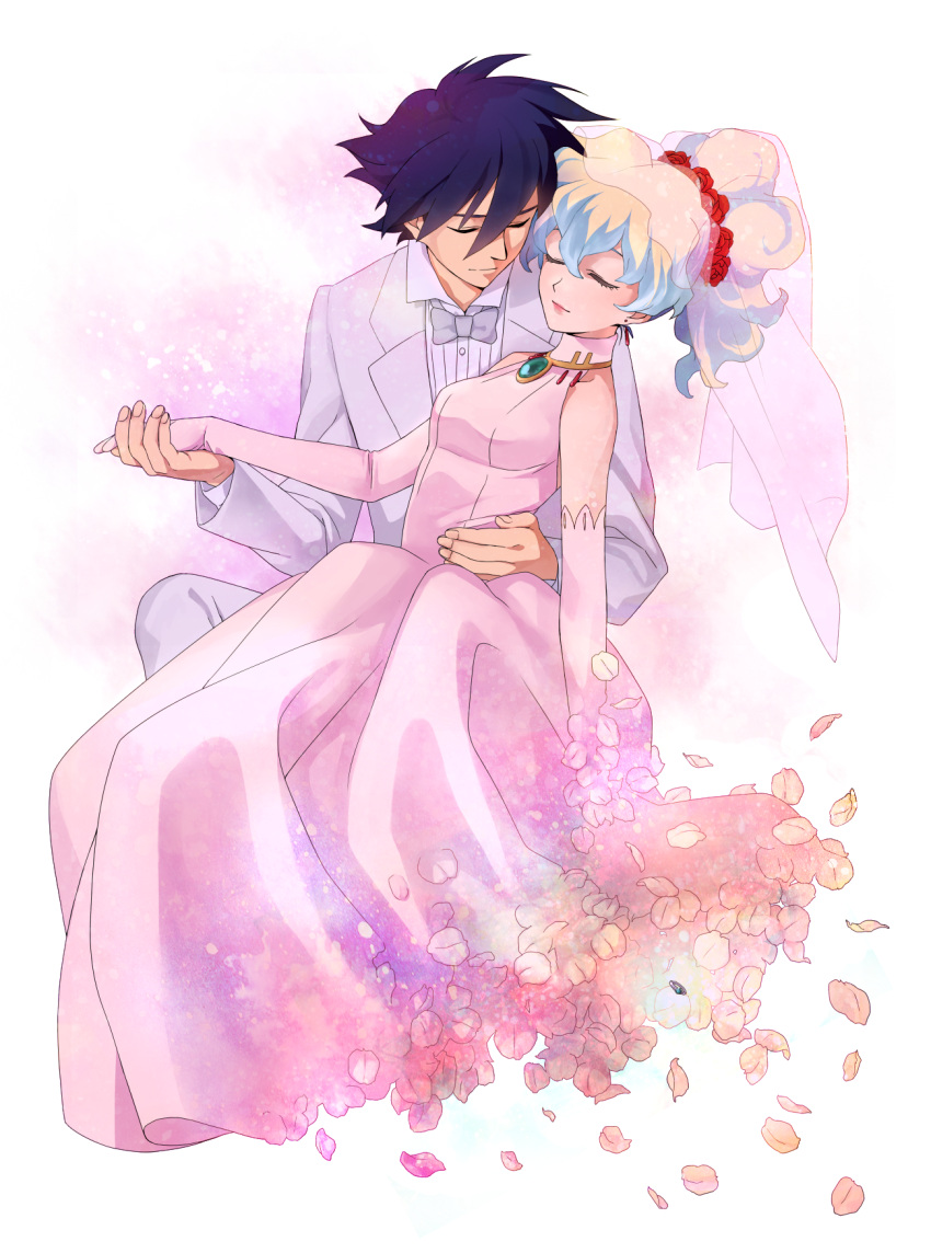 Safebooru - 1girl blue hair bowtie closed eyes couple dissolving dress ...