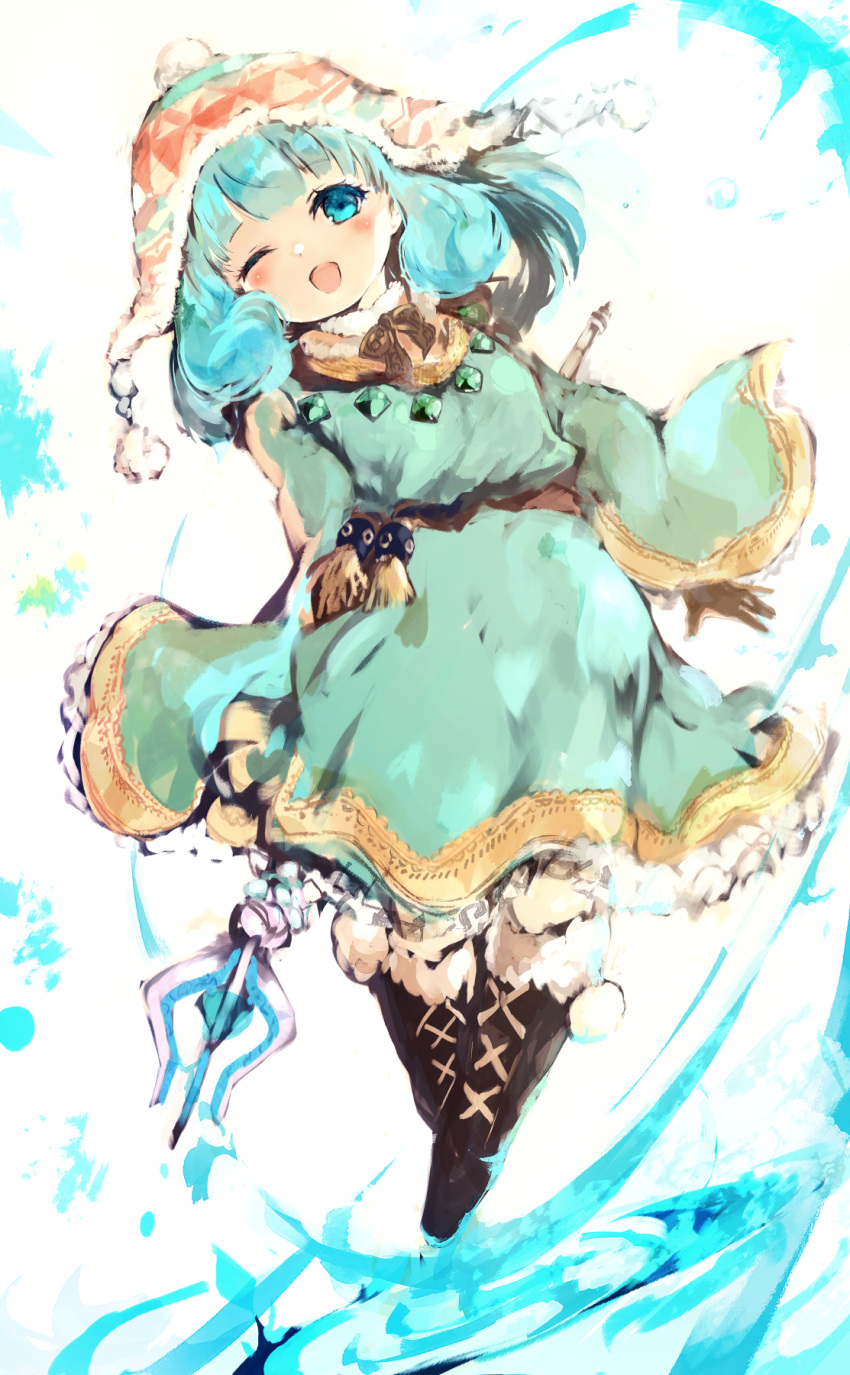 Safebooru - 1girl ;d beanie blue eyes blush boots full body green robe ...