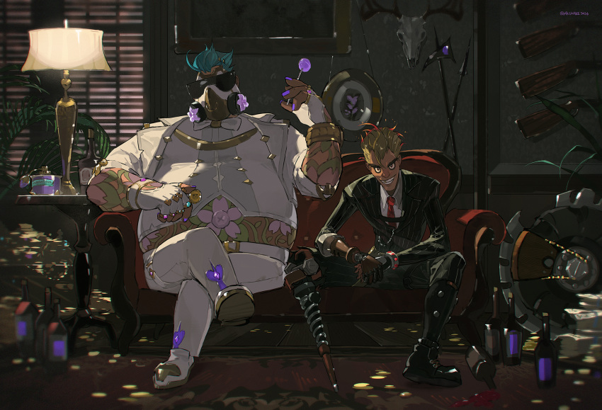 Safebooru - 2boys akihare alcohol animal skull black shoes black suit ...