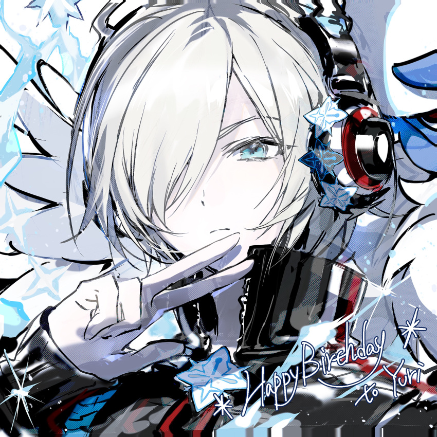 Safebooru - 1girl black jacket blue eyes closed mouth hair over one eye ...