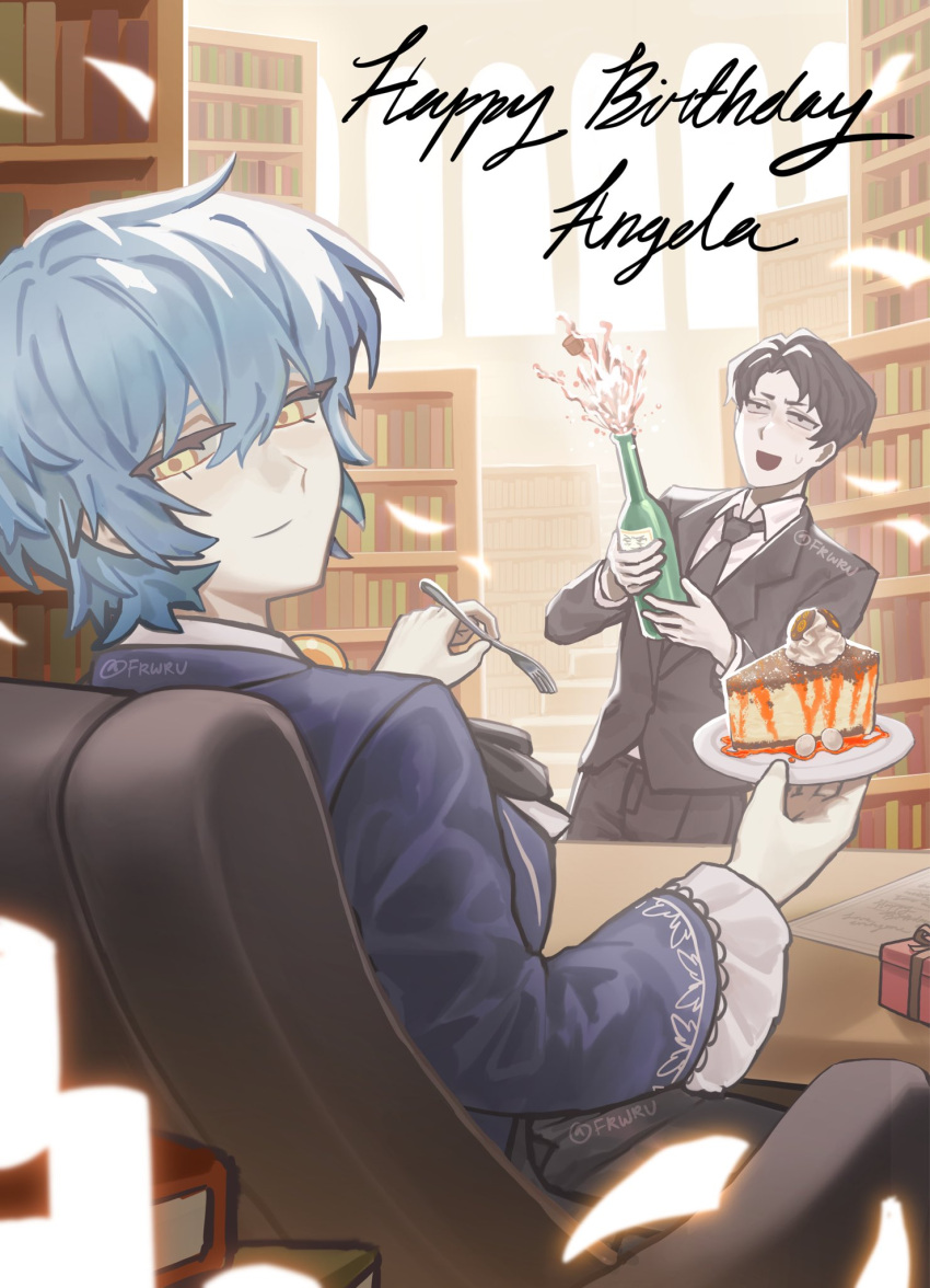 Safebooru - 1boy 1girl alcohol angela (project moon) black eyes black ...