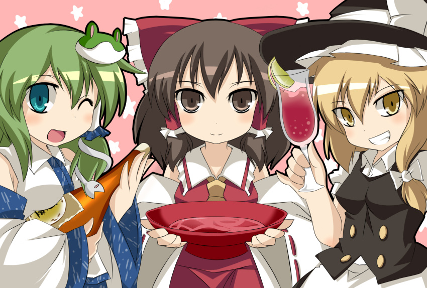 Safebooru - 3girls alcohol black eyes black hair blonde hair blue eyes ...