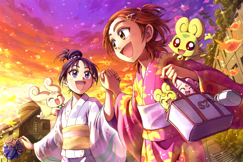 Safebooru - 2girls alternate hairstyle bag brown eyes brown hair ...