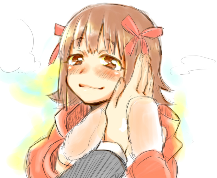 Safebooru - breath brown eyes brown hair hand on another's face hand on ...