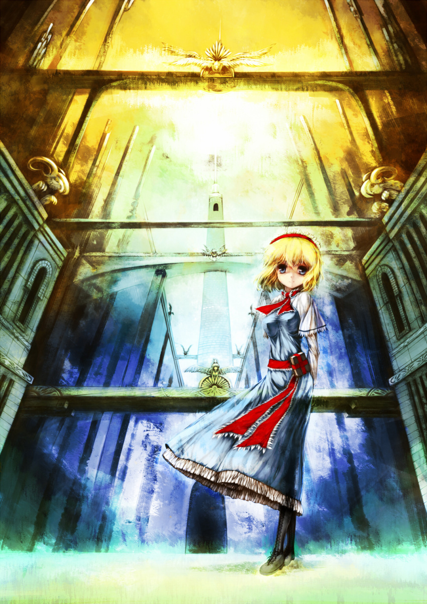 Safebooru - alice margatroid arms behind back blonde hair blue eyes book boots breasts bridge ...