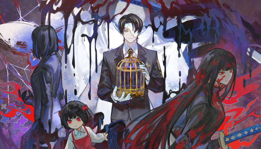 Safebooru - 1boy 4girls araya (project moon) birdcage black gloves ...