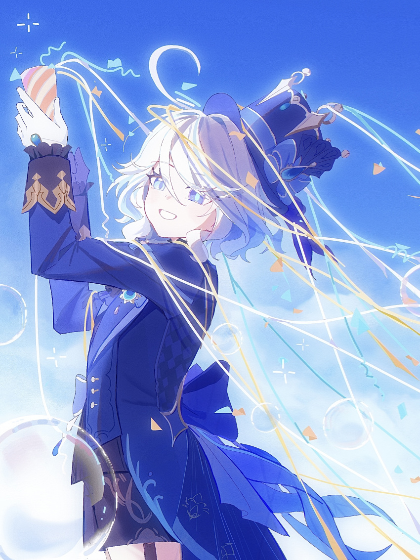 Safebooru - 1girl absurdres ahoge arms up ascot blue eyes blue gem blue ...