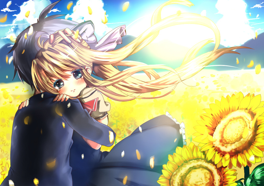 Safebooru - blonde hair blue eyes flower hatosuke hug kamio misuzu ...