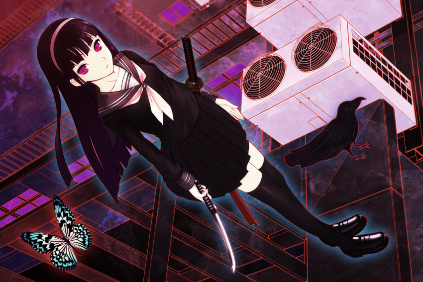 Safebooru - bird black hair butterfly crow hime cut katana original ...