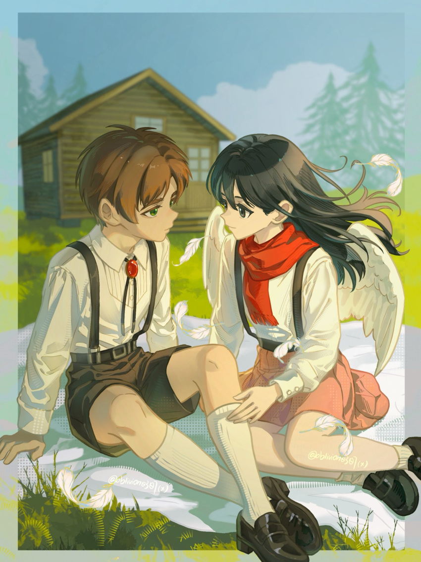 Safebooru - 1boy 1girl angel wings black hair black shoes black shorts ...