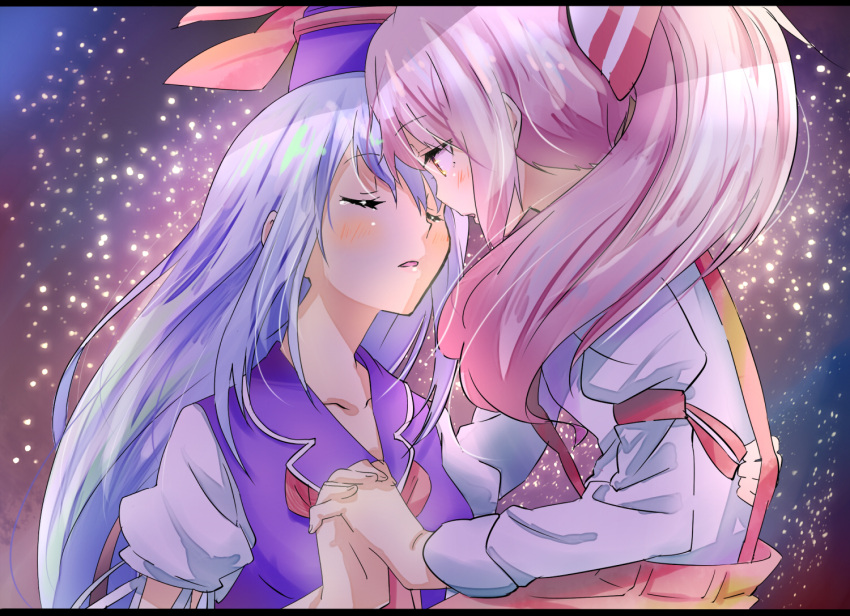 Safebooru - blue hair blush closed eyes eyes closed fujiwara no mokou hand holding highres ...