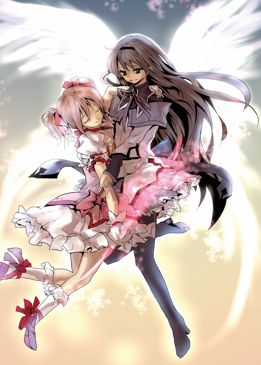 Safebooru - akemi homura angel wings argyle argyle legwear black hair black legwear bow bubble ...