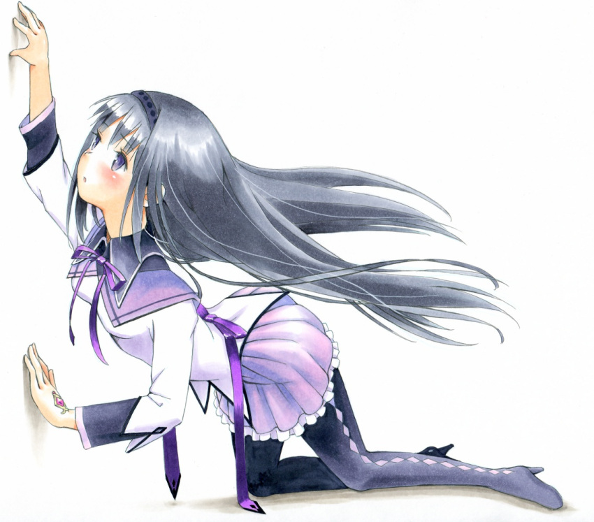 Safebooru - akemi homura black hair blush boots floating hair hairband hands high heels kneeling ...