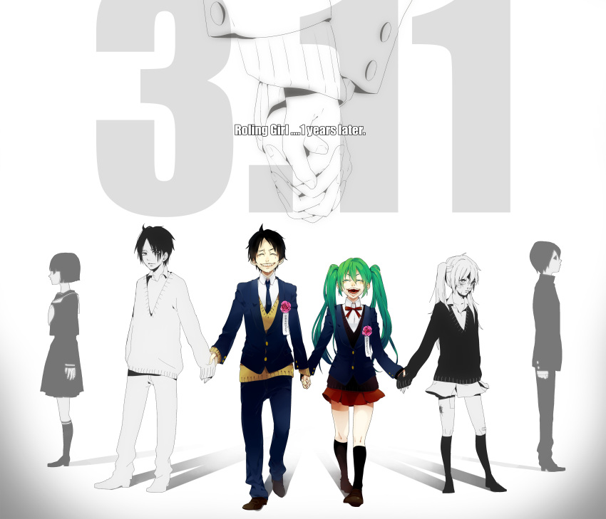 Safebooru - akiakane black hair graduation hatsune miku holding hands ...