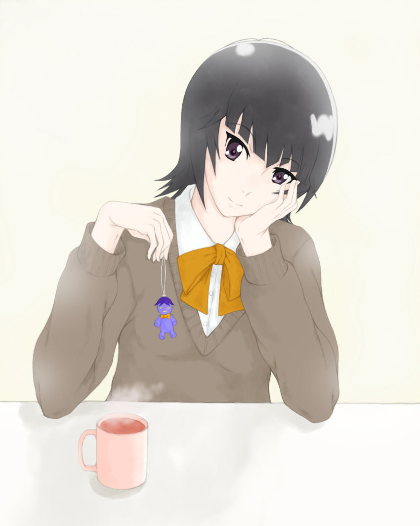 Safebooru - black eyes black hair bow coffee cup head tilt highres ...