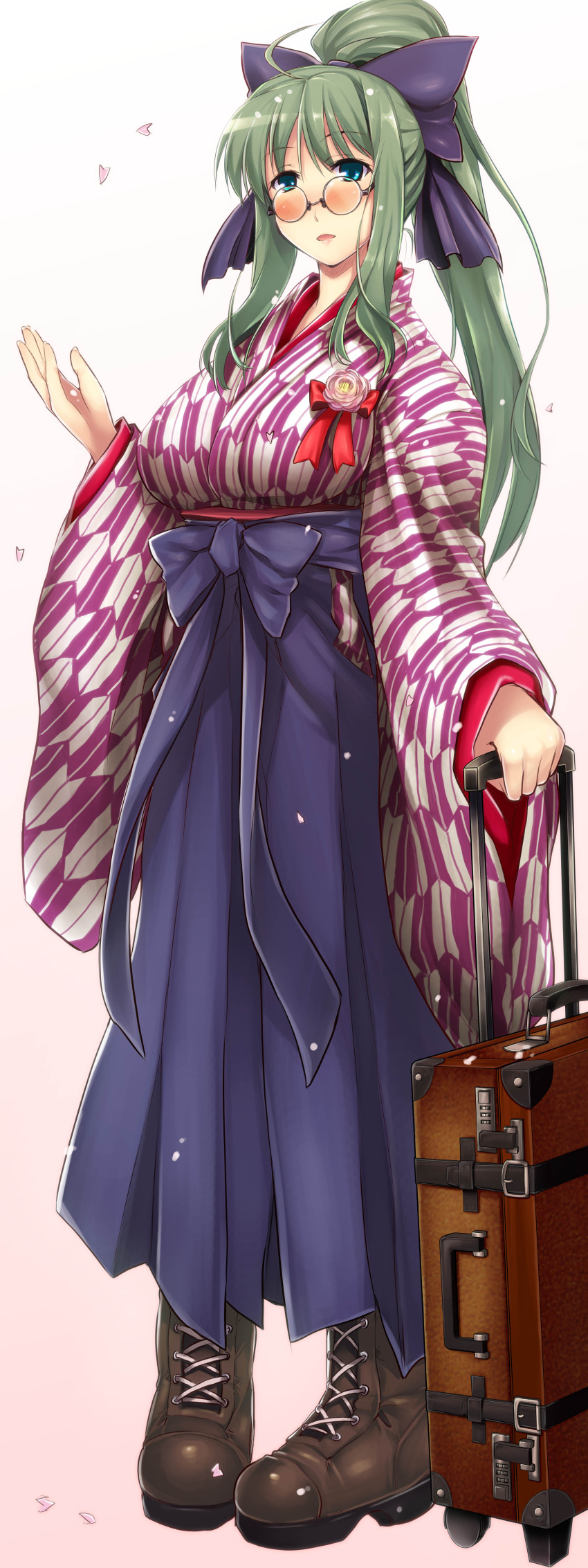 Safebooru - blue eyes blush boots bow flower glasses green hair hair bow hakama highres japanese ...