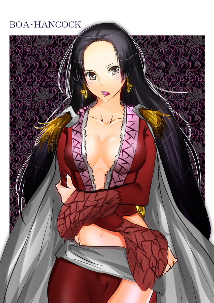 Safebooru - black eyes black hair blush boa hancock breasts cape cleavage earrings highres ...