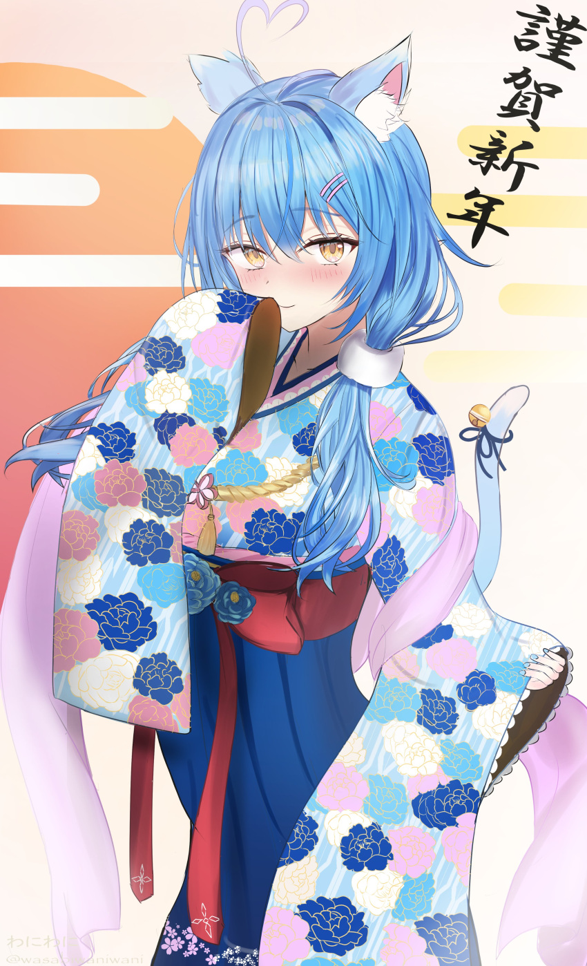 Safebooru - 1girl absurdres ahoge animal ear fluff animal ears blue hair blue kimono blush cat ...