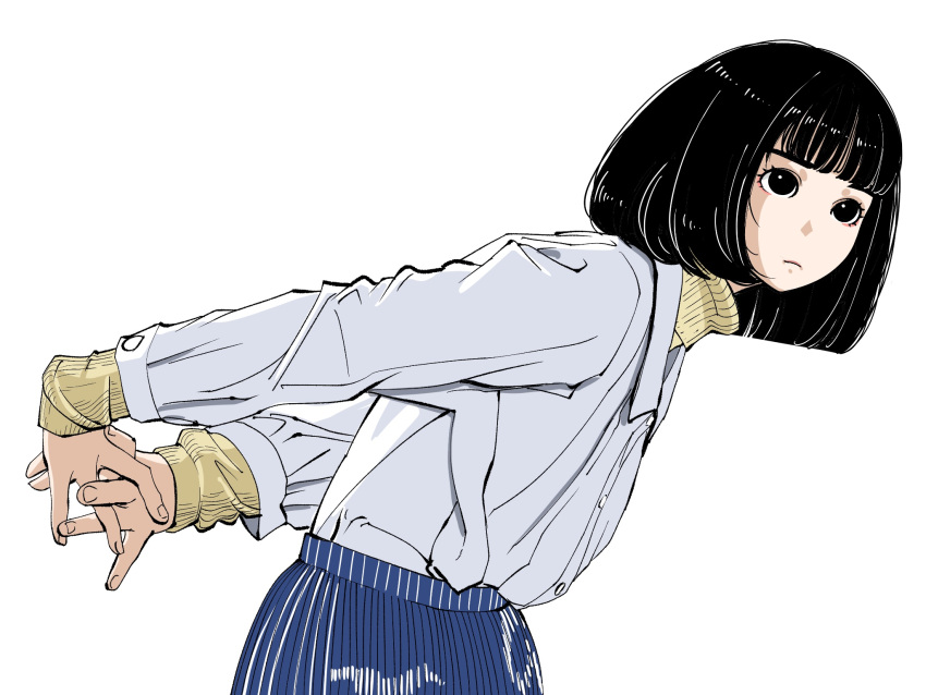 Safebooru - 1girl arms behind back black eyes black hair blue skirt blunt ends buttons collared ...