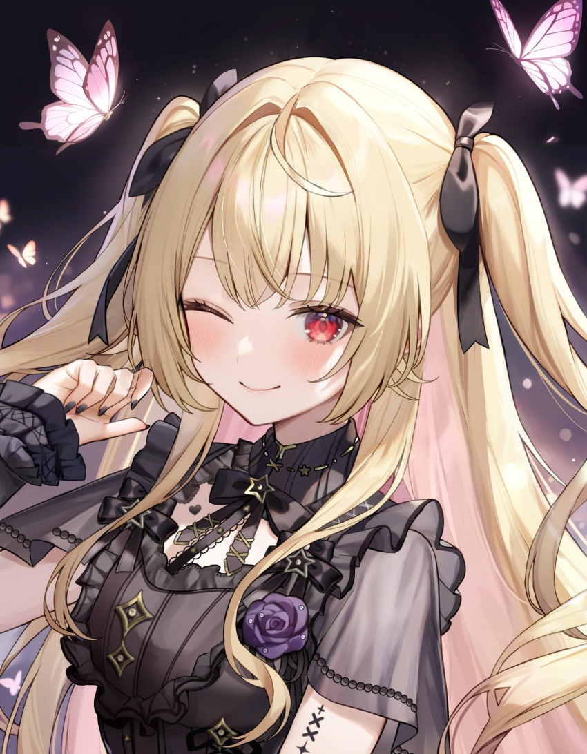 Safebooru - 1girl aria (ariacue) black dress black nails blonde hair bow bug butterfly dress ...