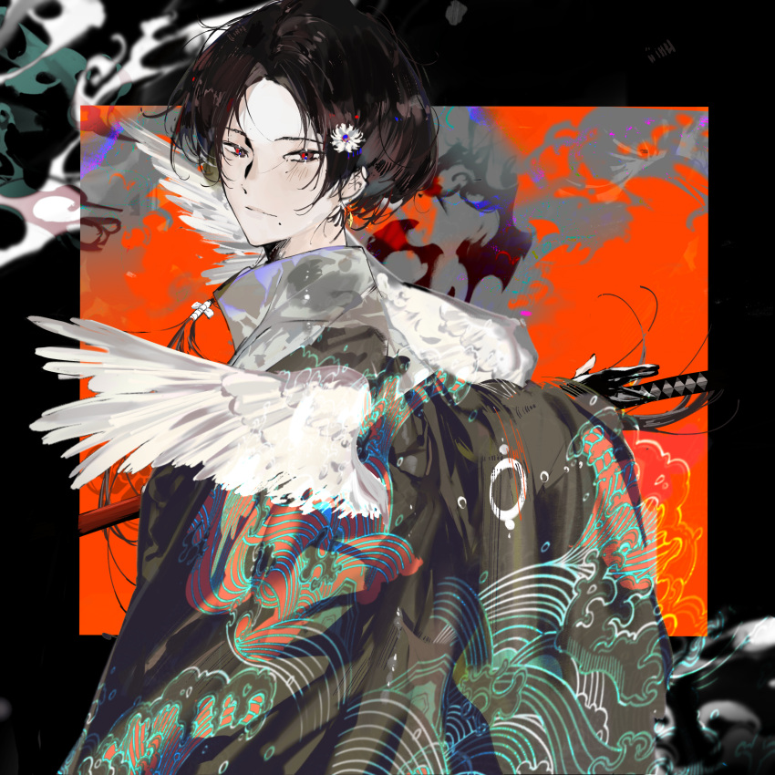 Safebooru - 1boy absurdres black border black gloves black hair black kimono border brown eyes ...