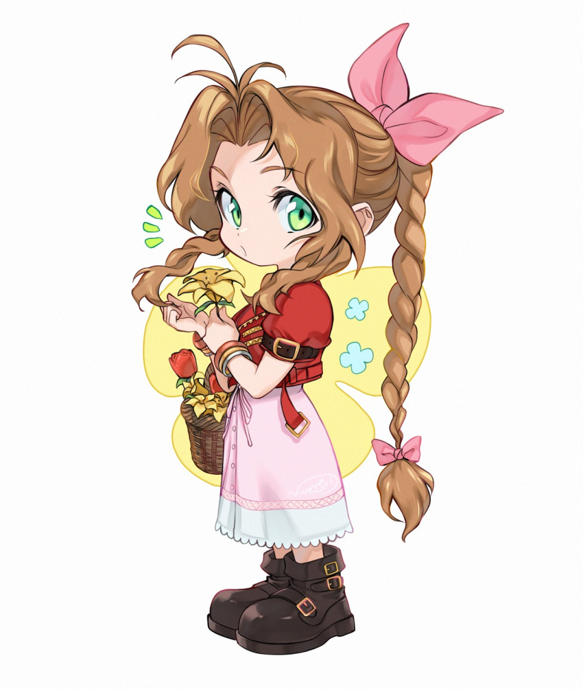 Safebooru - 1girl aerith gainsborough ahoge bangle basket boots bracelet braid braided ponytail ...