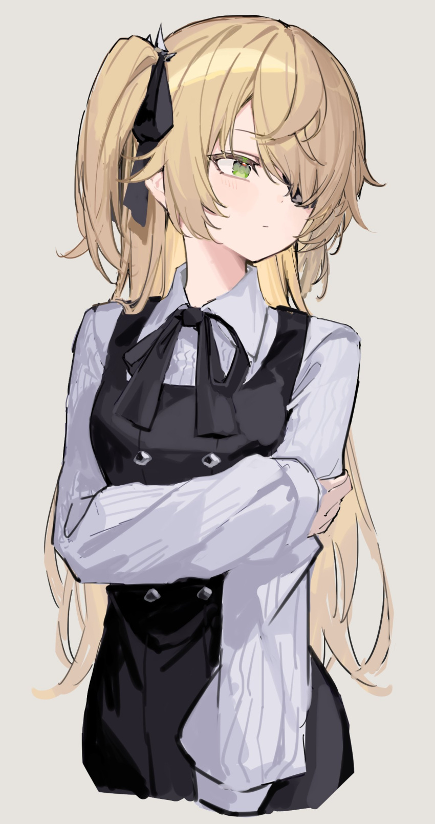 Safebooru - 1girl absurdres alternate costume black dress black ribbon blonde hair blush closed ...