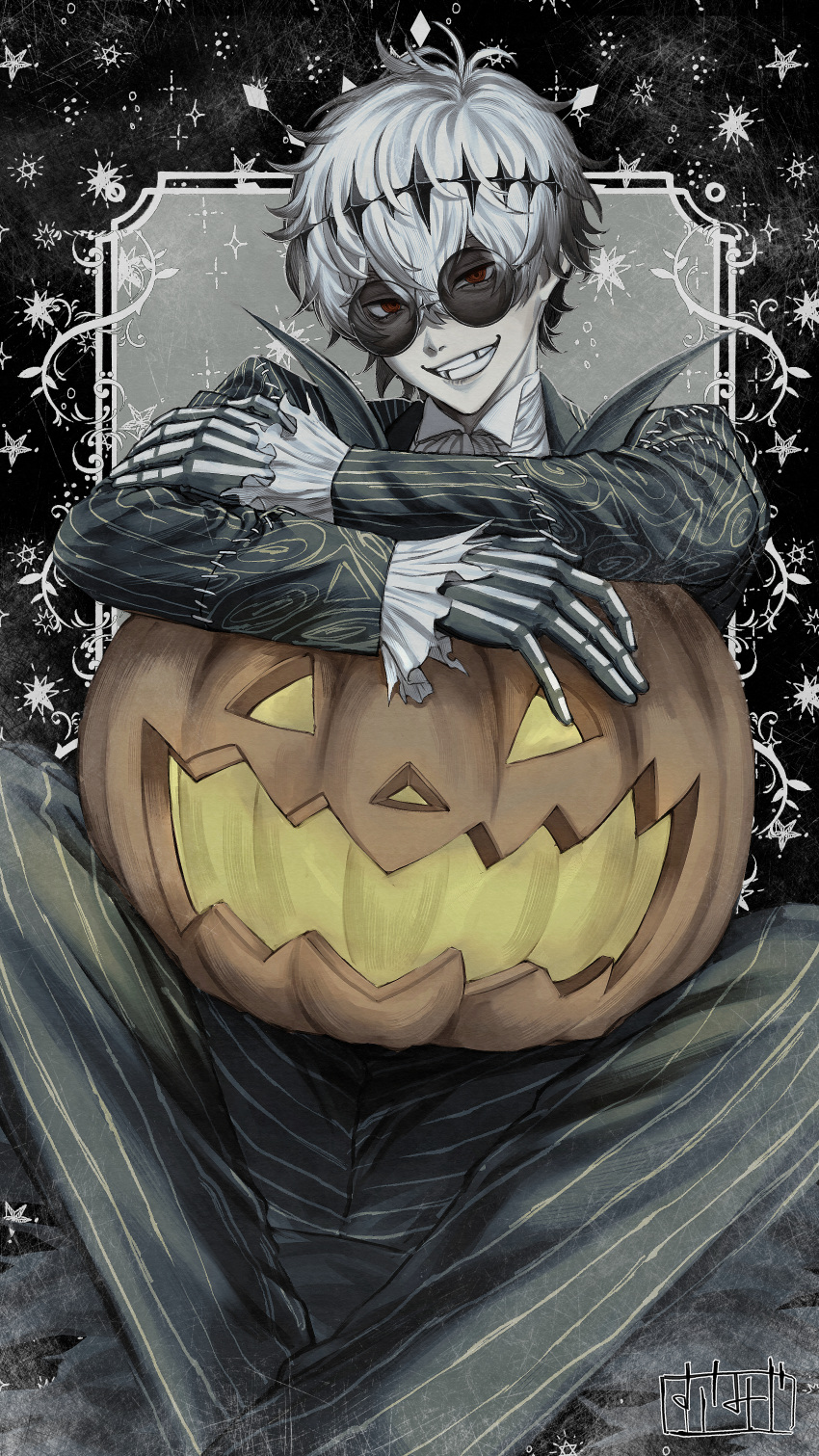 Safebooru - 1boy absurdres black coat black gloves coat feet out of frame gloves grey hair grin ...