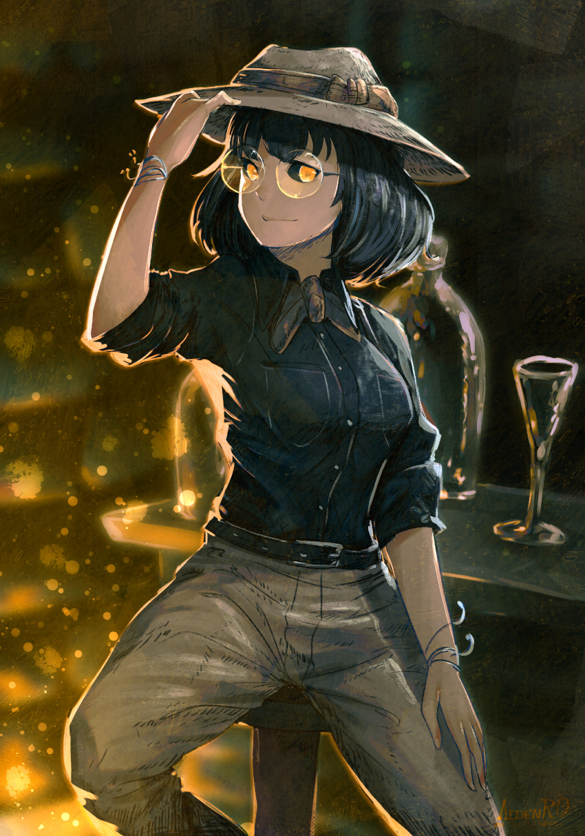 Safebooru - absurdres artist name belt black-framed eyewear black belt black hair black shirt ...