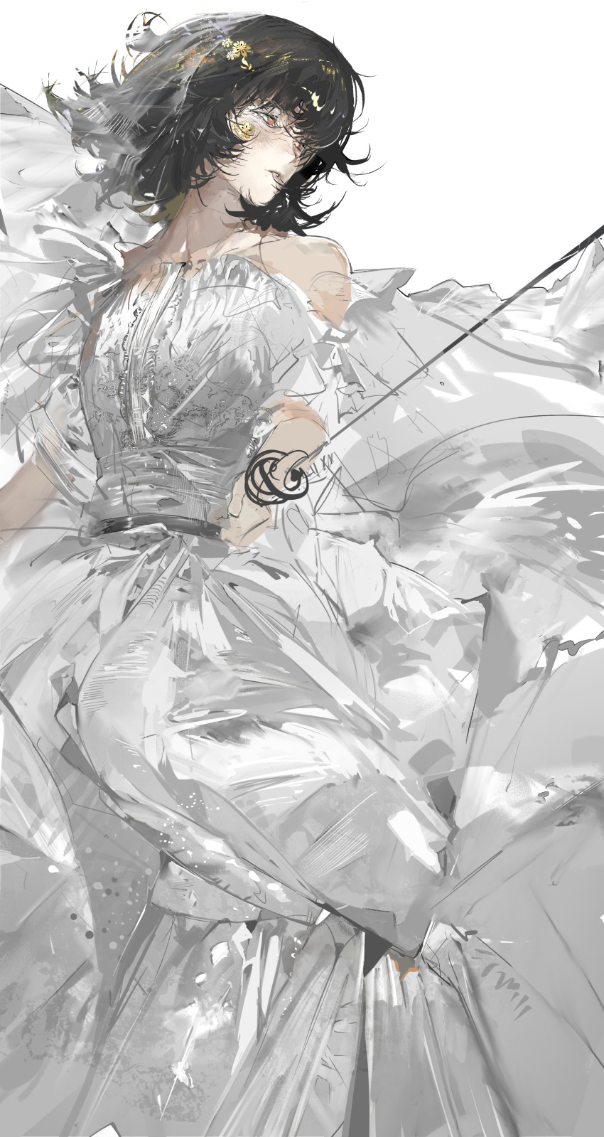 Safebooru - 1girl absurdres art study bare shoulders black hair bridal veil chinese commentary ...