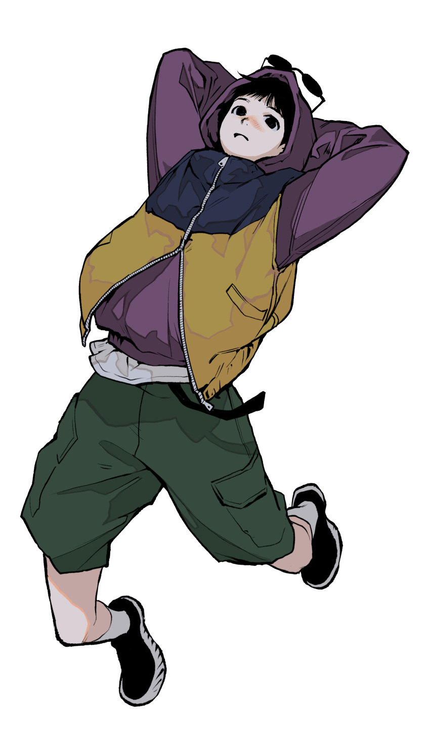 Safebooru - 1boy absurdres arms behind head baggy shorts black eyes black footwear black hair ...