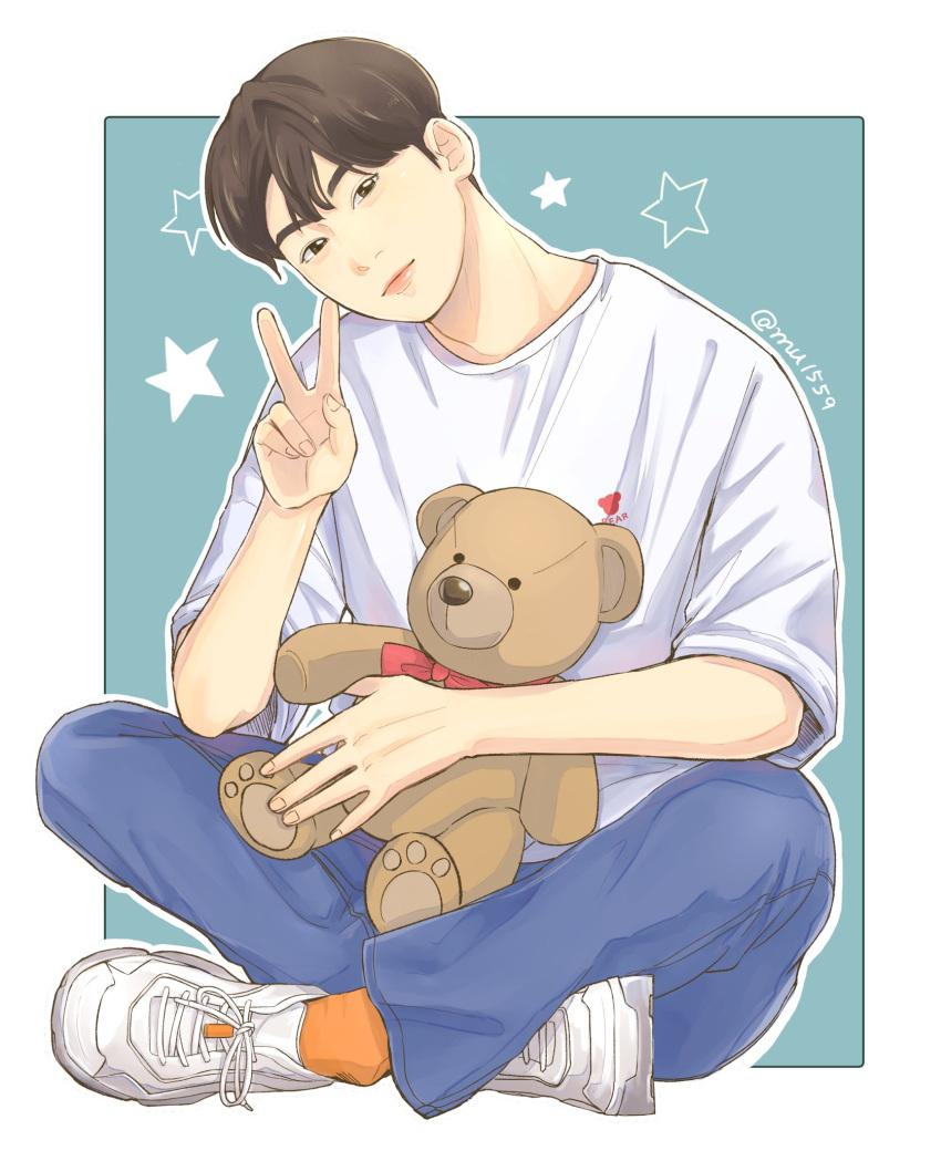 Safebooru - 1boy astro (k-pop group) blue background brown hair ...