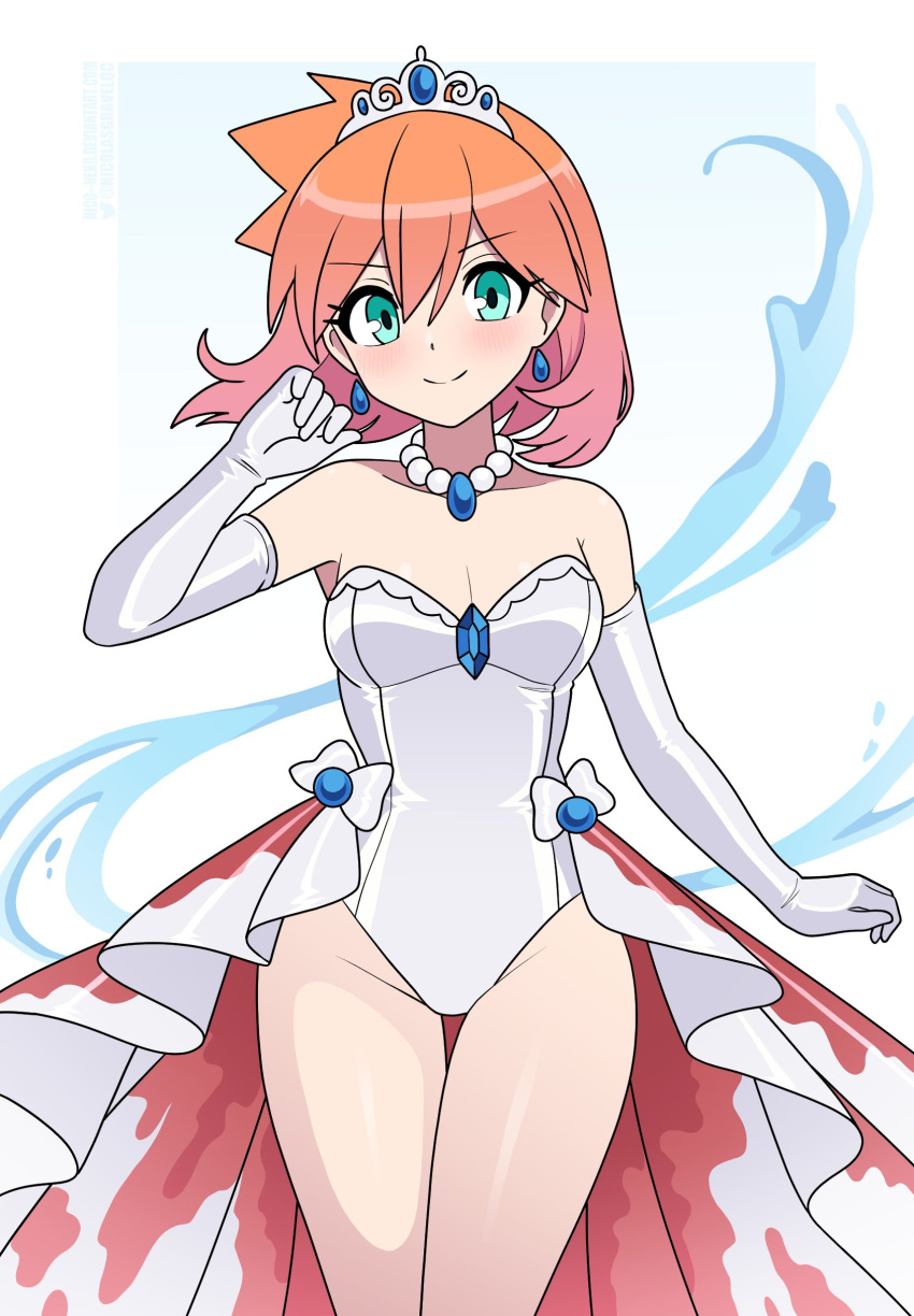 Safebooru - 1girl aqua eyes bare shoulders blush breasts cleavage crotch earrings goldeen ...