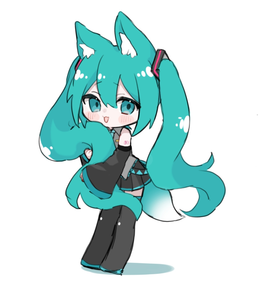 Safebooru - 1girl :3 animal ear fluff animal ears blue eyes blue hair blush boots collared shirt ...
