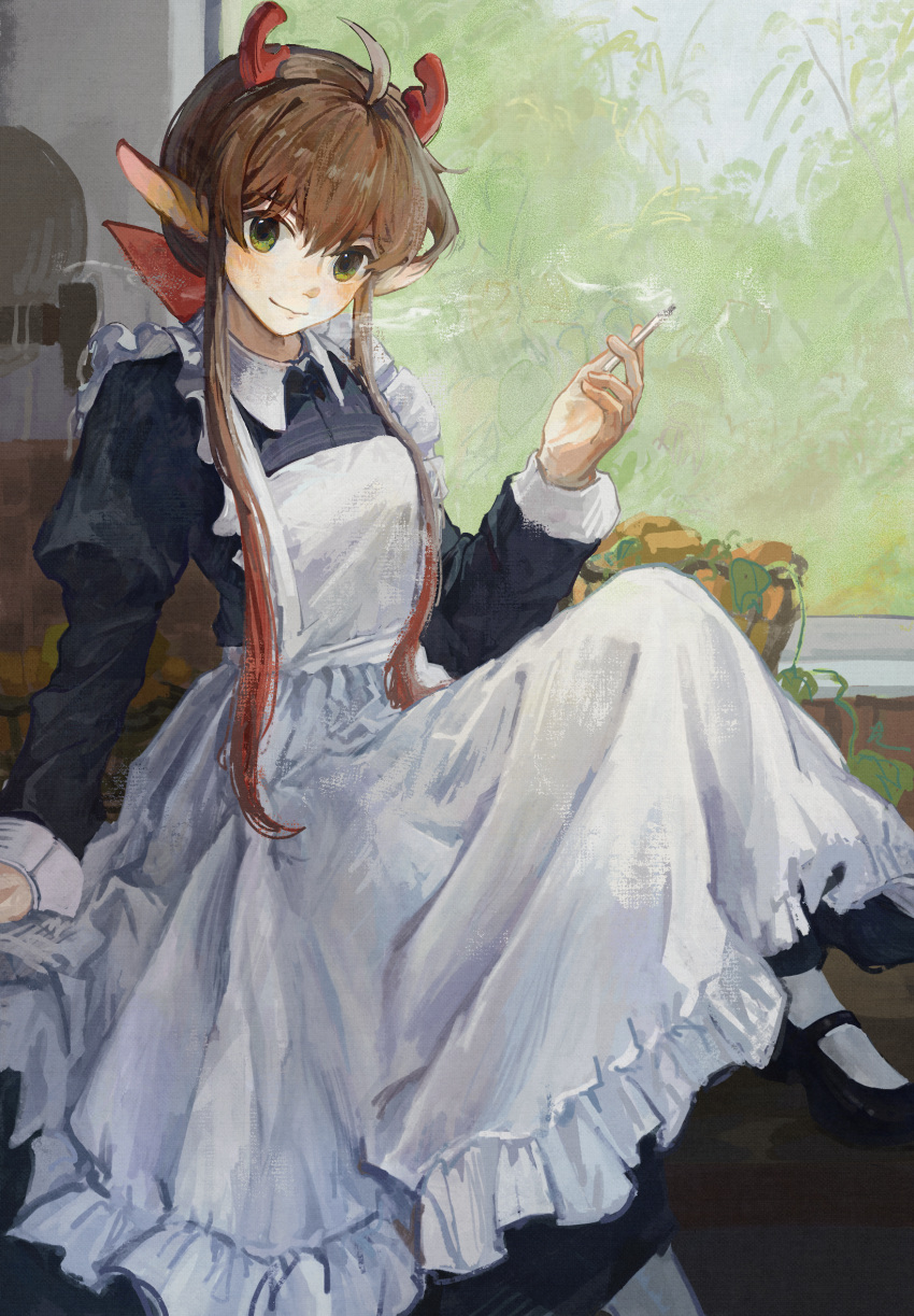 Safebooru - 1girl ahoge animal ears apron black dress brown hair cigarette closed eyes dress ...