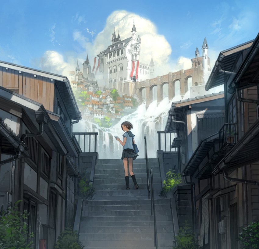 Safebooru - 1girl arch bag banner black socks blue sky bridge brown hair building bush castle ...