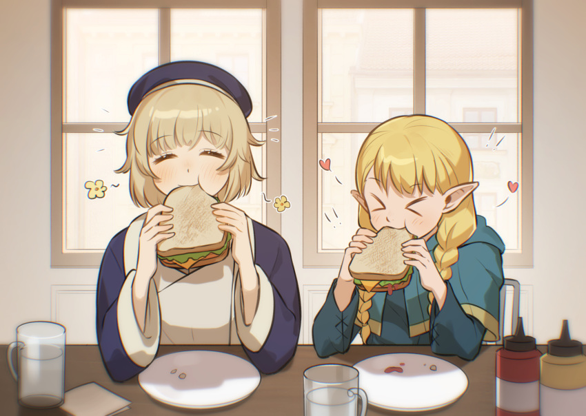 Safebooru - 2girls black hat blonde hair blush braid bread dress ...