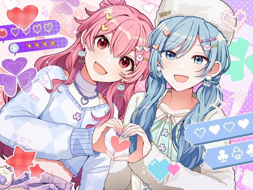 Safebooru - 2girls blue eyes blue hair earrings fang hair ornament hairclip hat heart heart ...