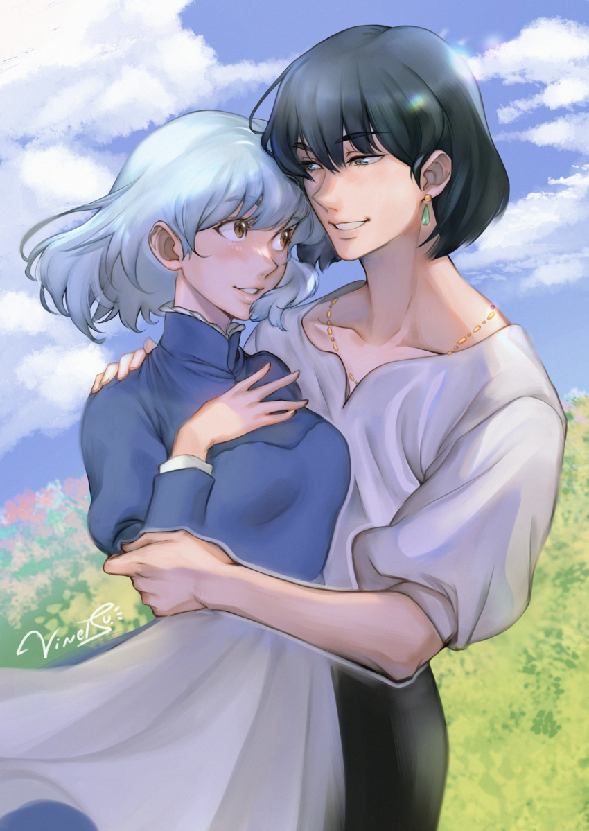 Safebooru - 1boy 1girl apron artist name black hair black pants blue dress blue eyes bob cut ...