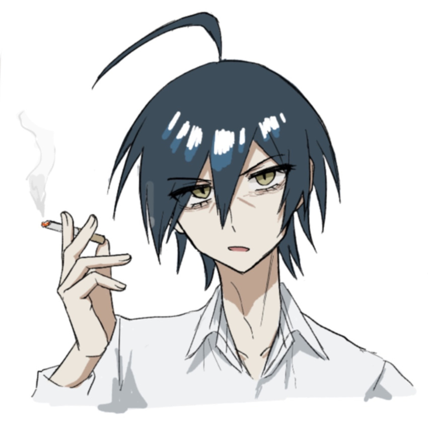 Safebooru - 1boy ahoge black hair brown eyes cigarette collared shirt cropped shoulders ...