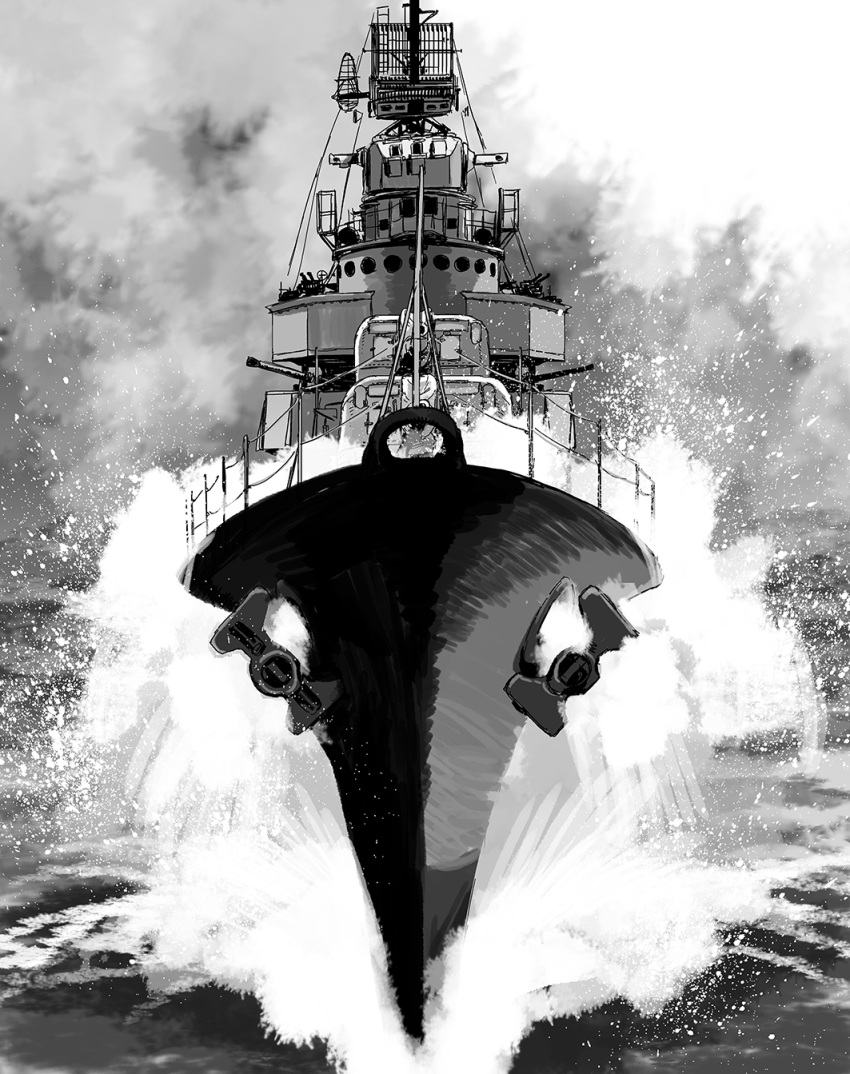 Safebooru - anchor anti-aircraft gun commentary destroyer greyscale ...
