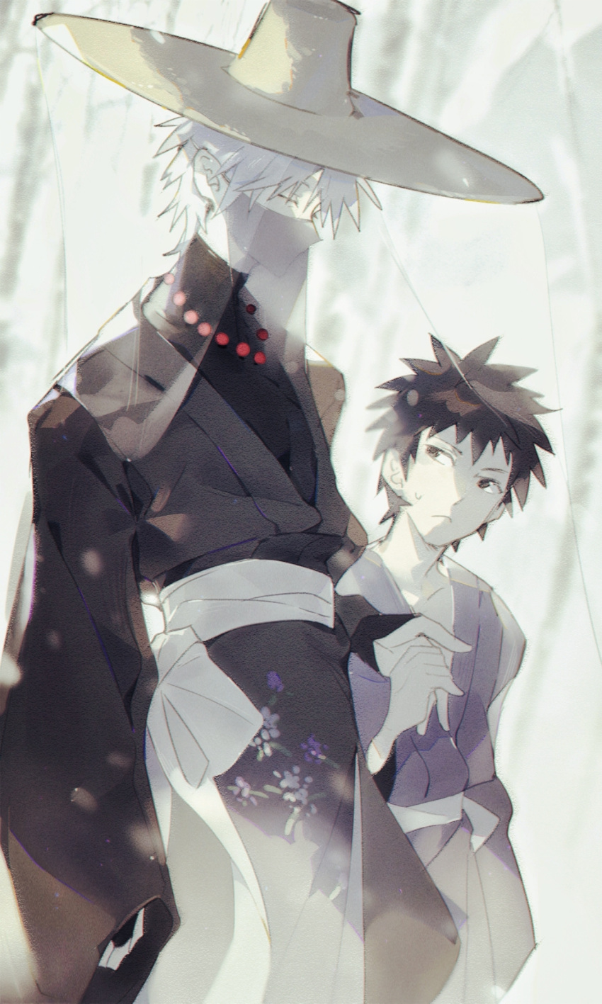 Safebooru - 2boys bead necklace beads black eyes black hair black kimono chinese commentary ...