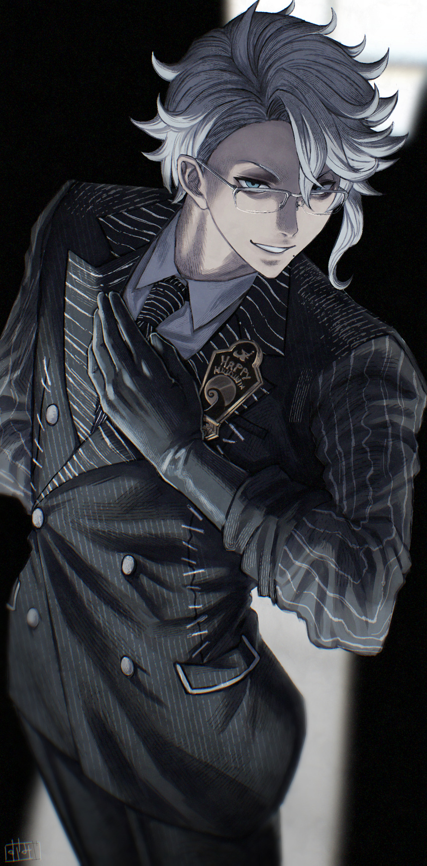 Safebooru - 1boy absurdres arm behind back azul ashengrotto black gloves black shirt black vest ...