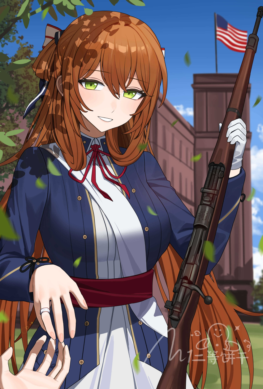 Safebooru - 1girl absurdres american flag belt blazer blue jacket bolt action brown hair dress ...